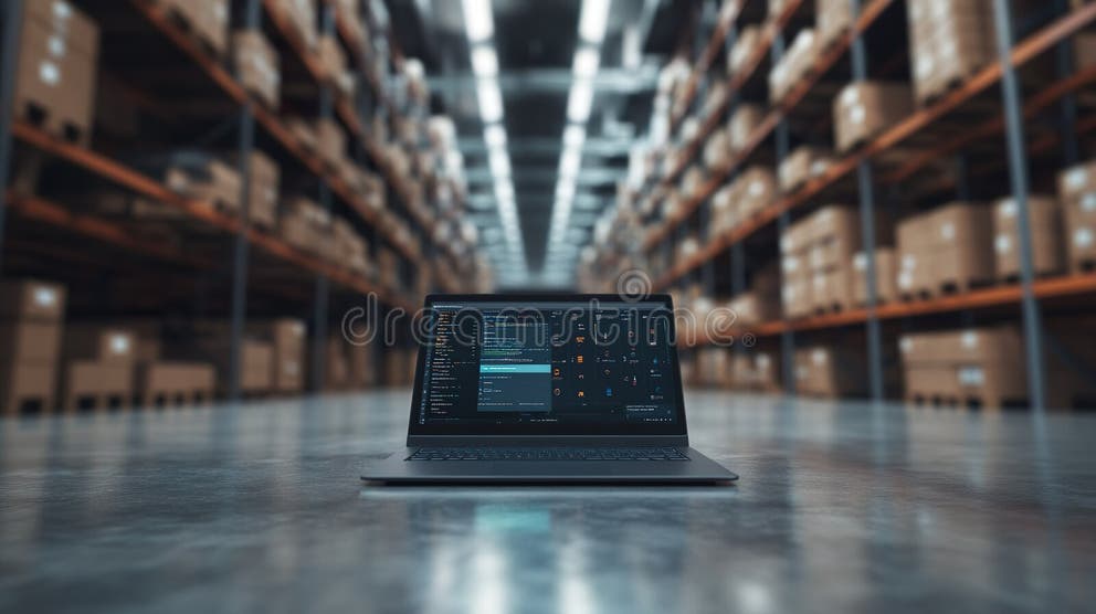 Laptop Displaying Software Interface in a Large Warehouse with Stacked ...