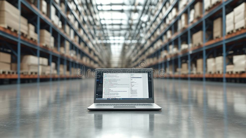 Laptop Displaying Software Interface in a Large Warehouse with Stacked ...