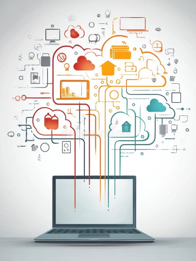 Stylized Laptop with Digital Cloud and Icons Illustrating Modern ...