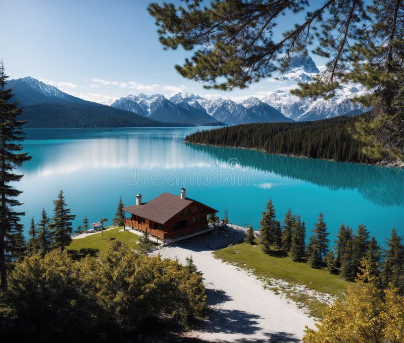 A Small Cabin on the Side of a Mountain Overlooking a Lake. Stock Photo ...