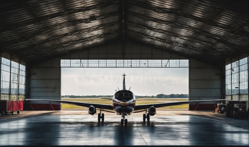 A Small Plane Sits in a Hangar with Its Doors Open Stock Image - Image ...