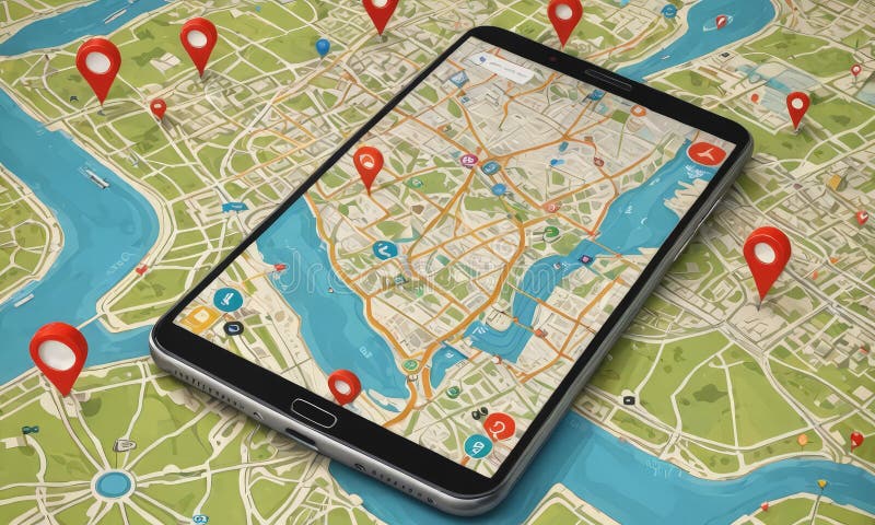 Smartphone Displaying Map with Red Location Pins Rests on Green and ...