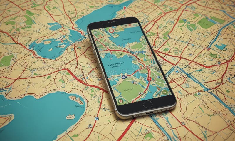Smartphone Displaying Map Rests on Colorful, Detailed Map with Blue and ...