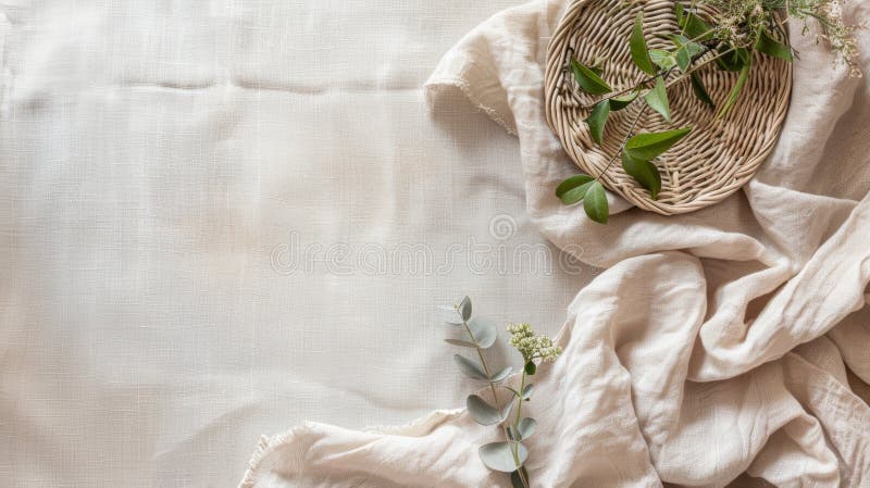 The Image Shows a Soft, Neutral-colored Fabric with a Basket of ...