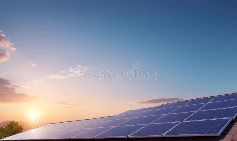 A Solar Panel Array Catches the Last Rays of Sunlight at Sunset Stock ...