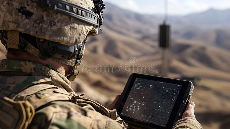 A Soldier Uses a Tablet in a Rugged Landscape. this Image Captures ...