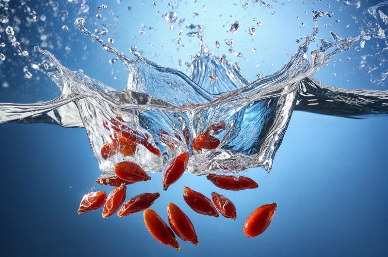 Generative AI the Image Shows Splashes of Water with Red Goji Berries ...