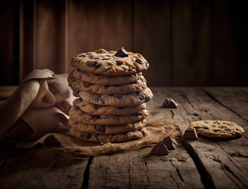 Image Shows a Stack of American Chocolate Chip Cookies on a Rustic ...