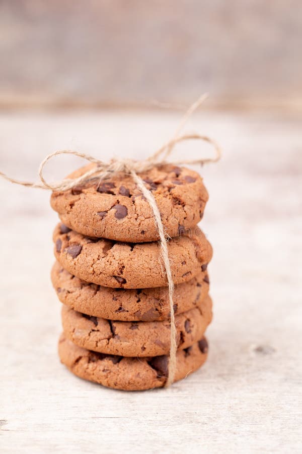 Image Shows a Stack of American Chocolate Chip Cookies on Rustic Wooden ...