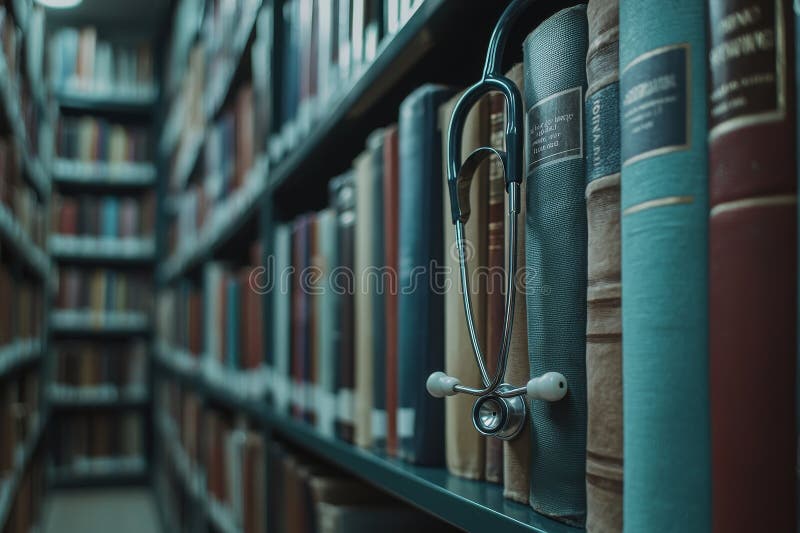 The Image Shows a Stack of Medical Books with an Out-of-focus ...