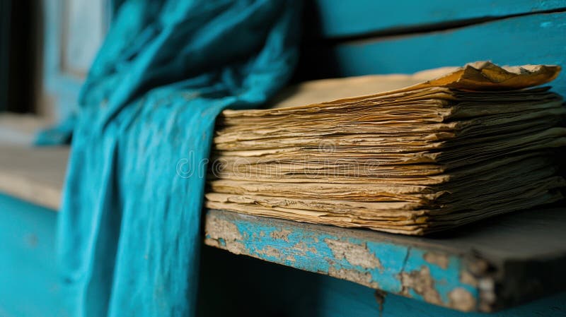 A Pile of Old, Yellowed Papers Sits on a Weathered Wooden Shelf. Stock ...