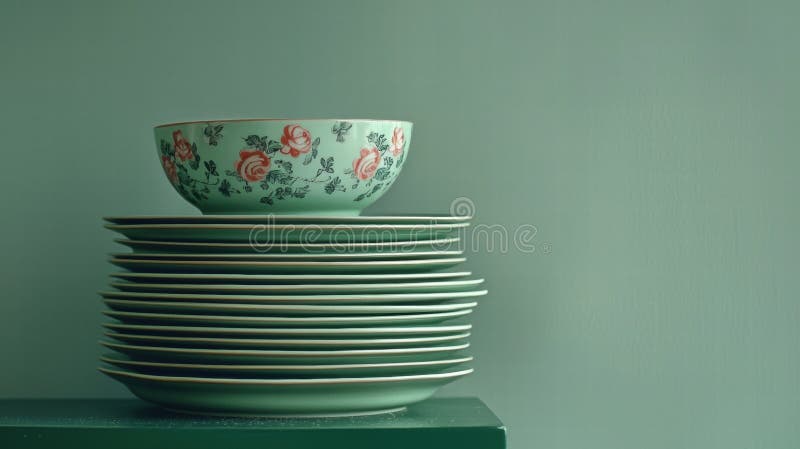 A Stack of Plates and a Bowl with Flowers on it. Stock Illustration ...