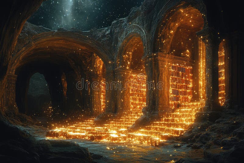 Magical Glowing Library in a Cave, Ancient Bookshelves Illuminated ...
