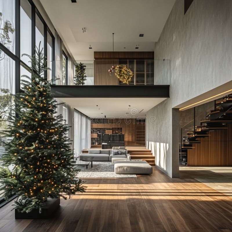 Modern Interior with Christmas Tree. Artificial Intelligence. Stock ...