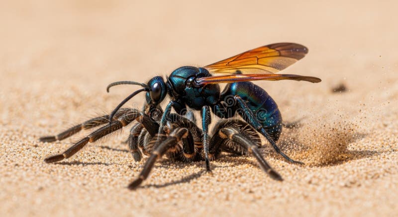 Tarantula Hawk Wasp Paralyzing a Tarantula Stock Illustration ...