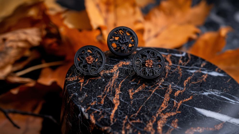Three Black Metal Wheel-shaped Objects with Orange Accents are Arranged ...
