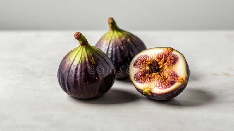 Three Fresh Figs on a Textured Surface with One Fig Cut Open Revealing ...