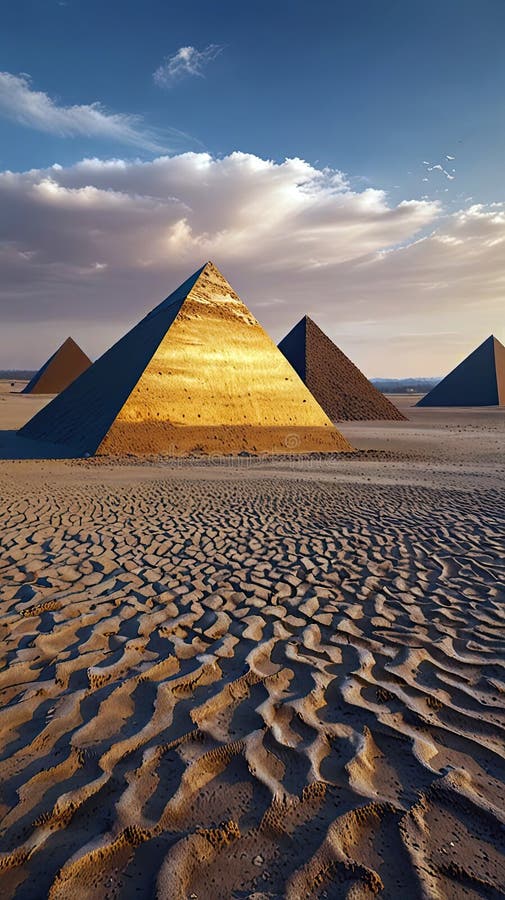 Golden Pyramids Desert Landscape Sunset Sky Three Pyramids Sand Dunes ...