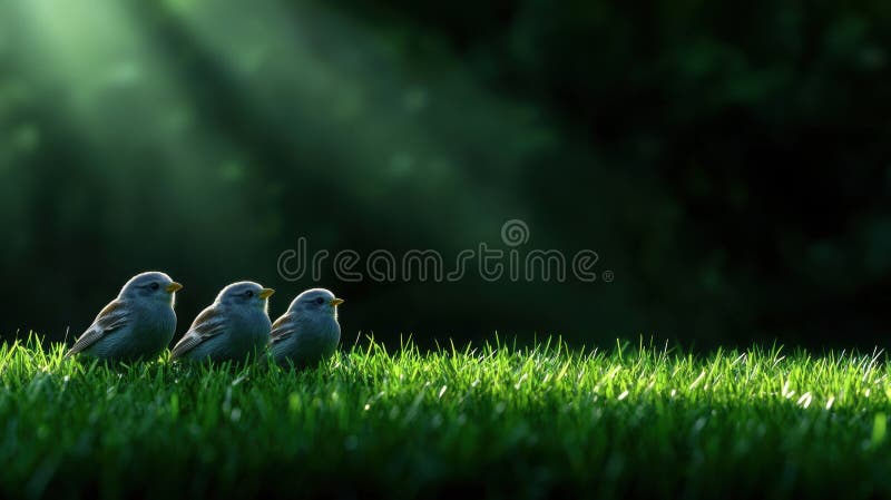 Three Small Birds Sit on a Patch of Green Grass, Facing the Same ...