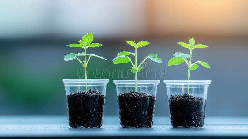 Three Small Plants in Plastic Cups, Each with a Different Type of Soil ...