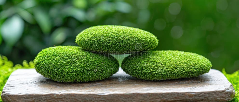 A Trio of Mossy Spheres Rests on a Stone Surface, Set Against a Blurred ...