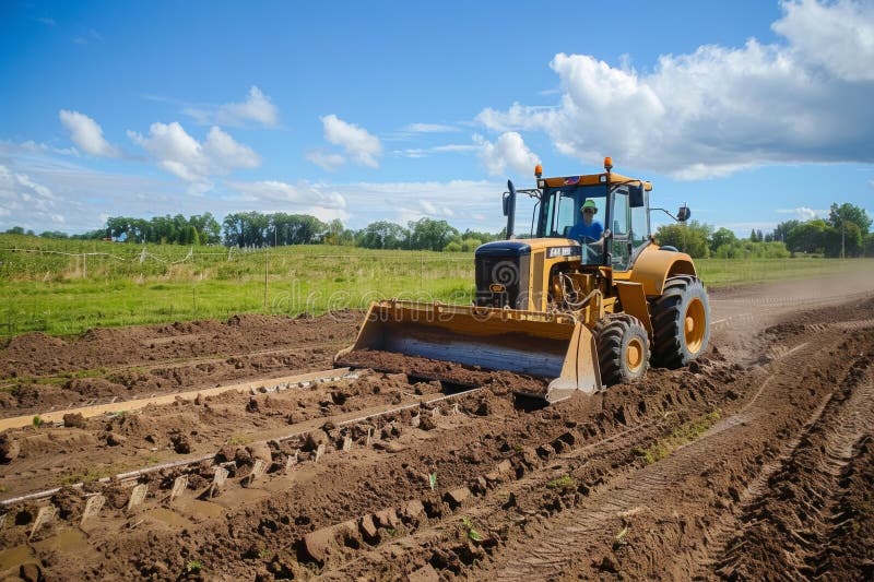 A Yellow Tractor Operates in the Field, Smoothing the Rough Dirt. the ...