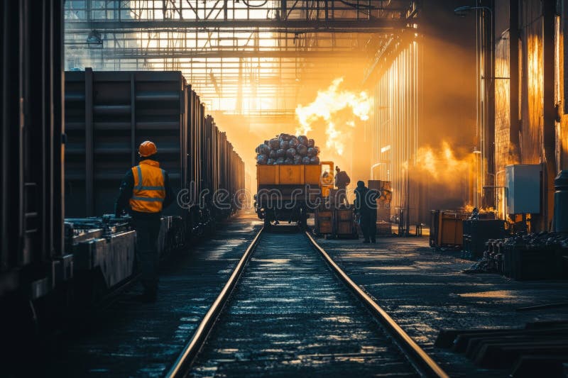 A Vibrant Industrial Scene with a Train Moving through a Warehouse ...