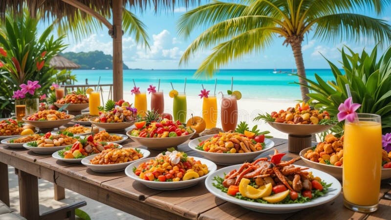 Tropical Beachside Buffet with Fresh Seafood and Exotic Drinks Stock ...