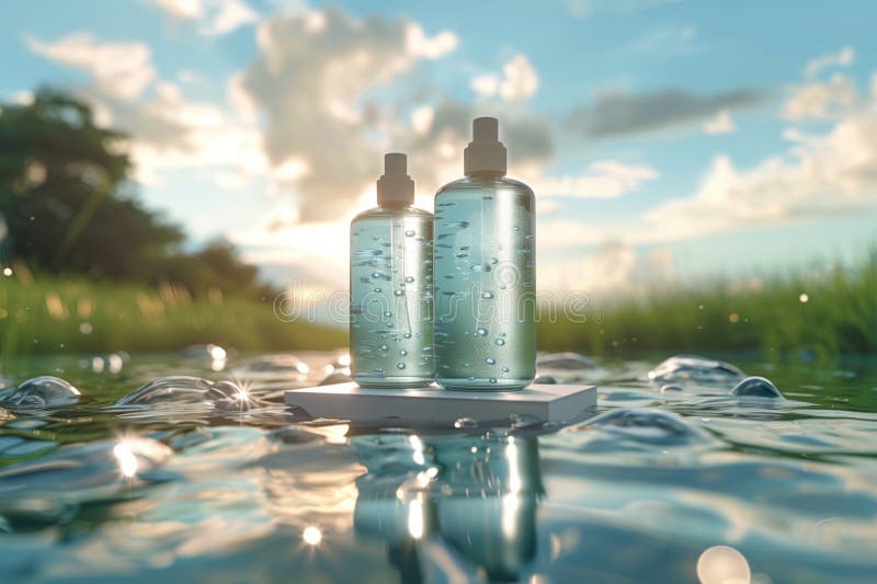 Two Clear Bottles of Liquid on a White Platform Floating in a River at ...