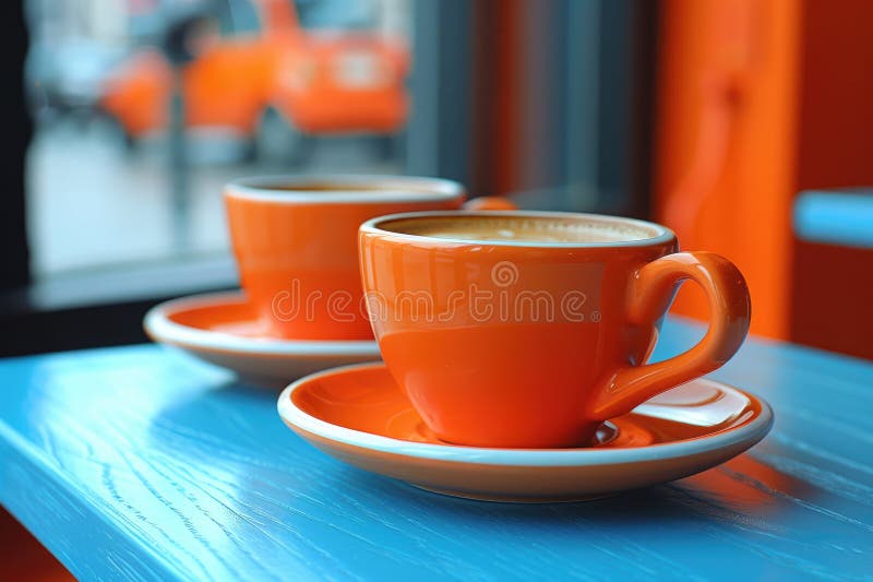 Two Orange Coffee Cups on Blue Table Stock Illustration - Illustration ...