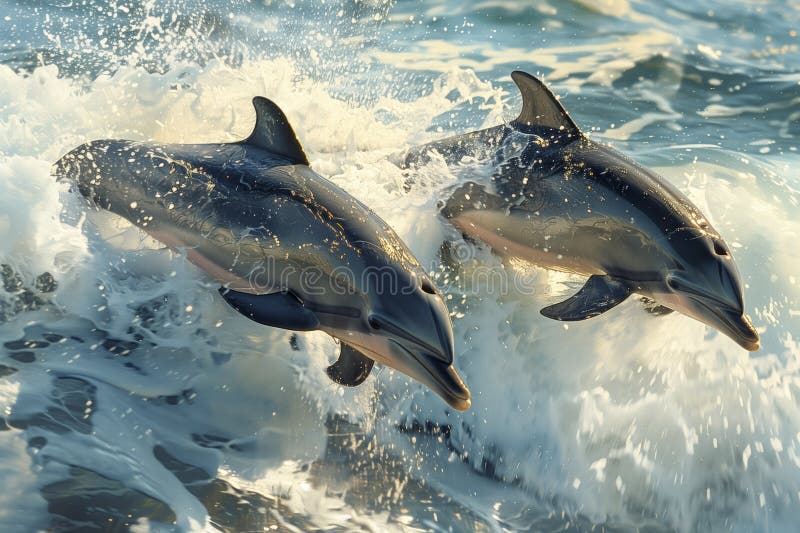 Two Dolphins Leap through Waves in Ocean Stock Image - Image of aquatic ...