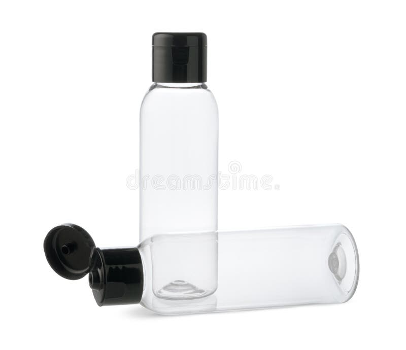 Two Empty Clear Plastic Bottles with Black Caps Isolated on White ...