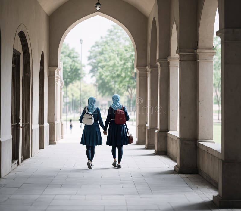 Two Girls Walking Down a Long, Empty Hallway with Arched Windows on ...