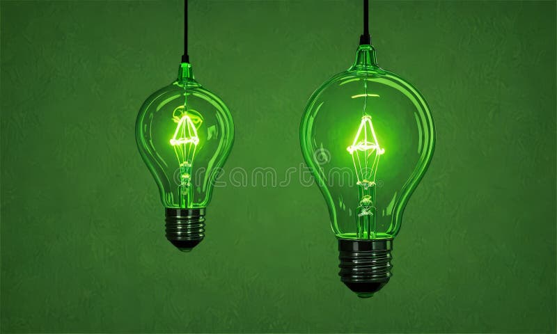 Two Green Light Bulbs with Glowing White Light Bulbs Suspended from the ...