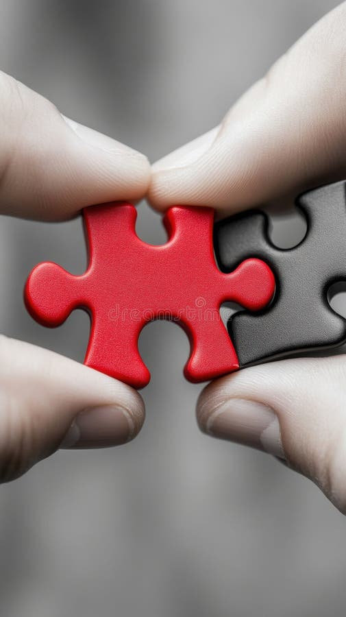 Two Hands Connecting Red and Black Puzzle Pieces, Symbolizing ...
