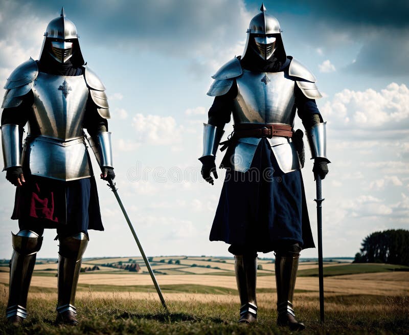 Two Knights Standing in a Field, Wearing Armor and Holding Swords ...