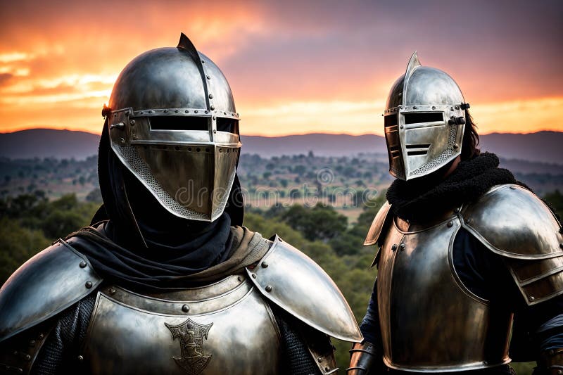 Two Knights in Armor Standing in a Field at Sunset. Stock Image - Image ...