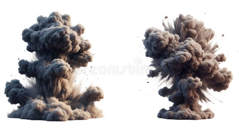 Two Large Explosions with Dense Smoke Clouds and Debris Isolated on ...