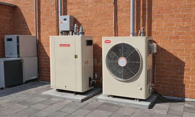 Two Beige Air Conditioning Units, One with Circular Fan and the Other ...