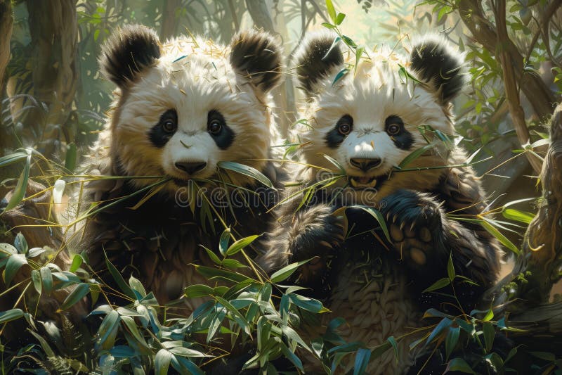 Two Panda Bears Eating Bamboo in a Lush Forest Stock Image - Image of ...