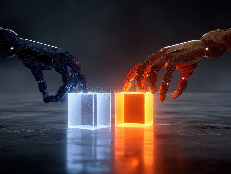 Image Shows Two Robotic Hands Meeting Over a Reflective Surface, with ...