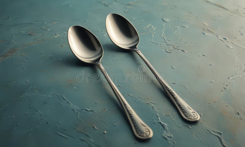 Two Silver Spoons with Curved Handles Rest on Blue Textured Surface ...