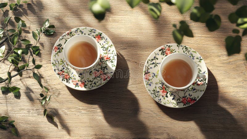 Two Floral Teacups Sit on a Wooden Table, Surrounded by Green Leaves ...