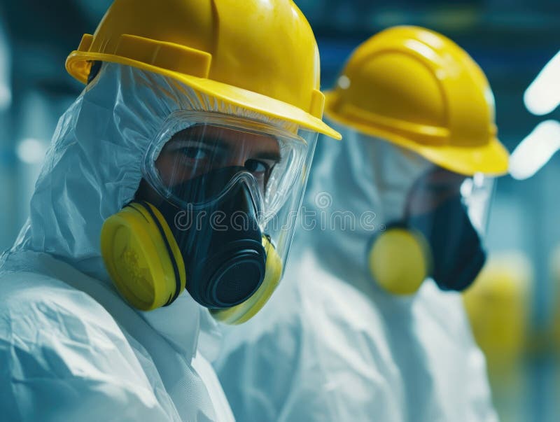 Workers in Protective Suits with Gas Masks Stock Image - Image of ...