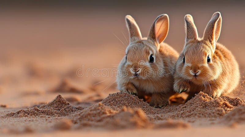 Two Adorable Rabbits Play in the Sand. Stock Photo - Image of head ...