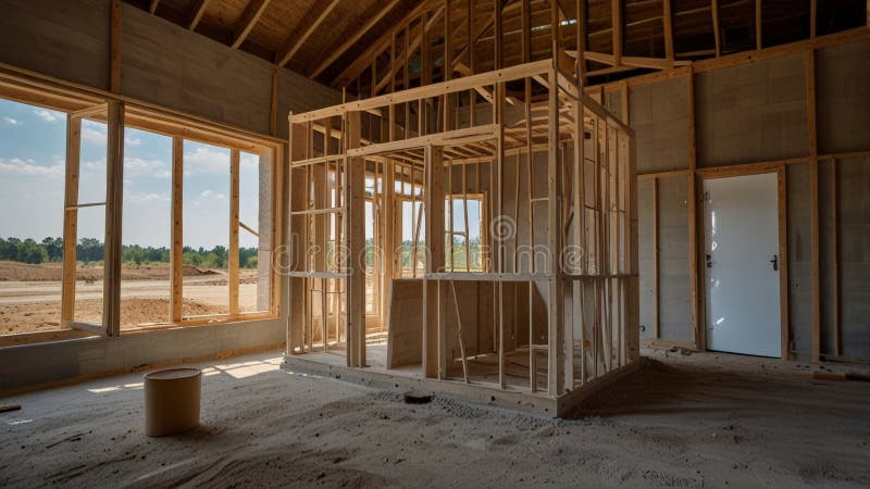N-Progress Construction of a Room with Exposed Wooden Framing, Skylight ...