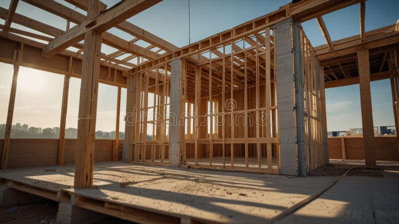 N-Progress Construction of a Room with Exposed Wooden Framing, Skylight ...