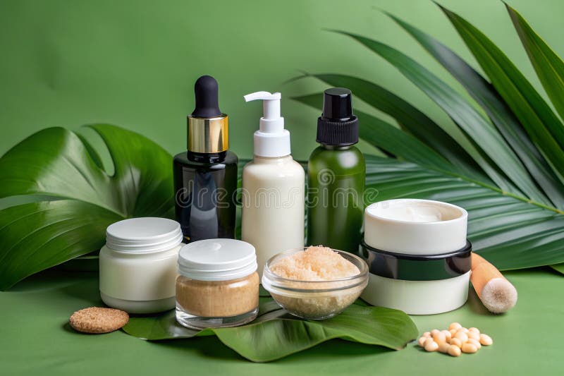 The Image Shows a Vanity Table Topped with Various Cosmetic Products ...