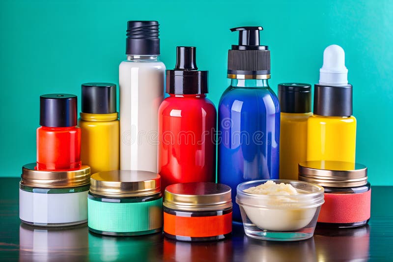 The Image Shows a Vanity Table Topped with Various Cosmetic Products ...