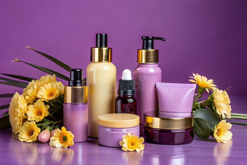 The Image Shows a Vanity Table Topped with Various Cosmetic Products ...